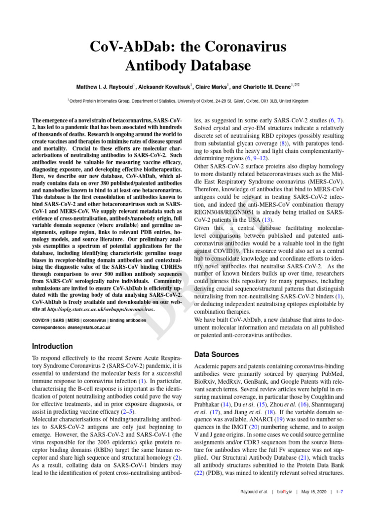 RAYBOULD 2020 CoV-AbDab The Coronavirus (FULL) | PDF | Antibody ...
