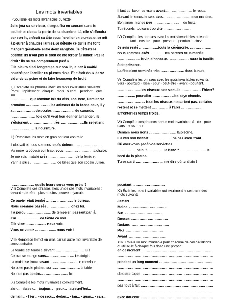 Exercices sur les mots invariables | PDF | Adverbe