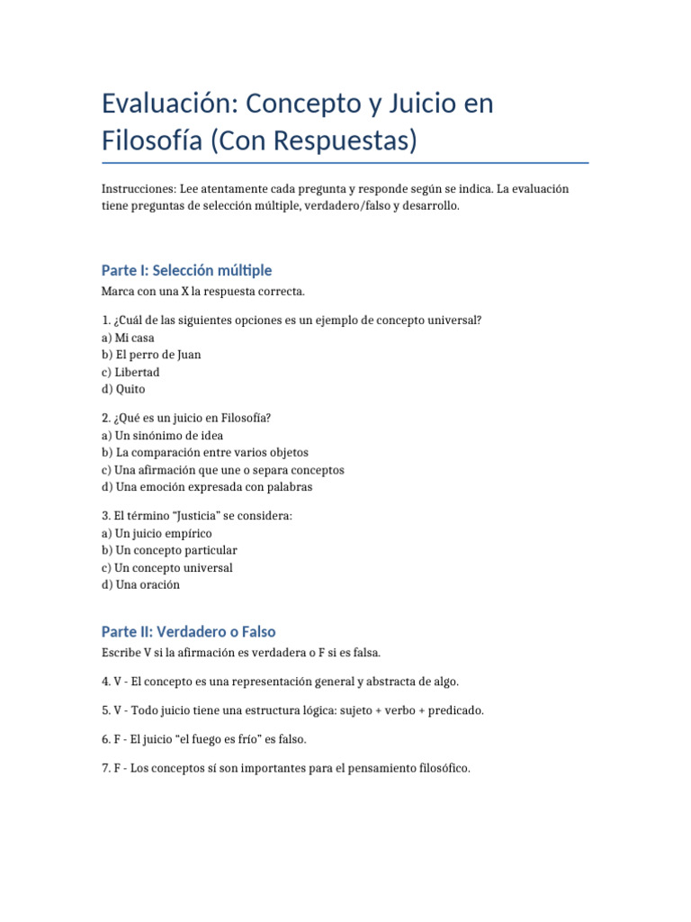Evaluación Concepto Juicio Filosofía Resuelta | PDF