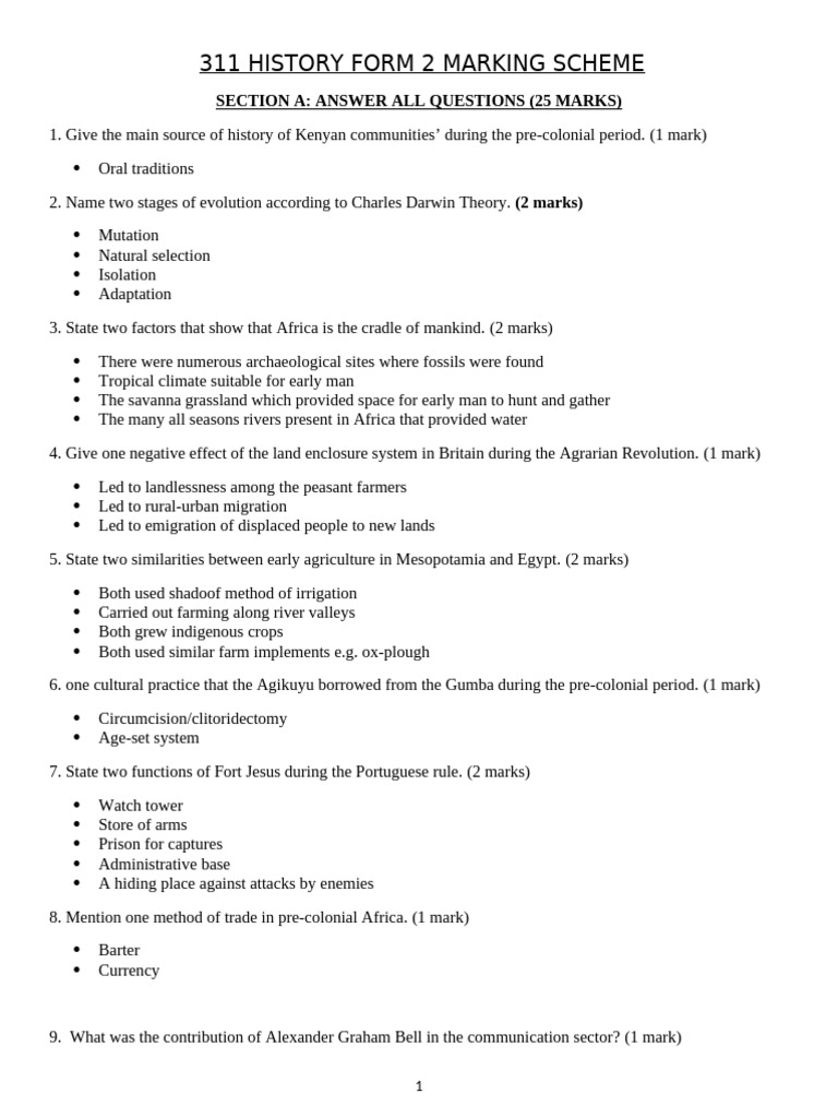 History Form 2 Marking Scheme | PDF | Agriculture