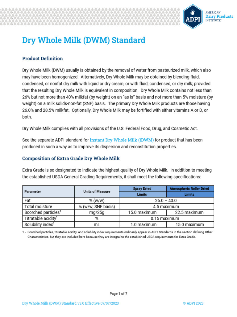 Dry Whole Milk Standard v3.0 Overview | PDF | Milk | Powdered Milk