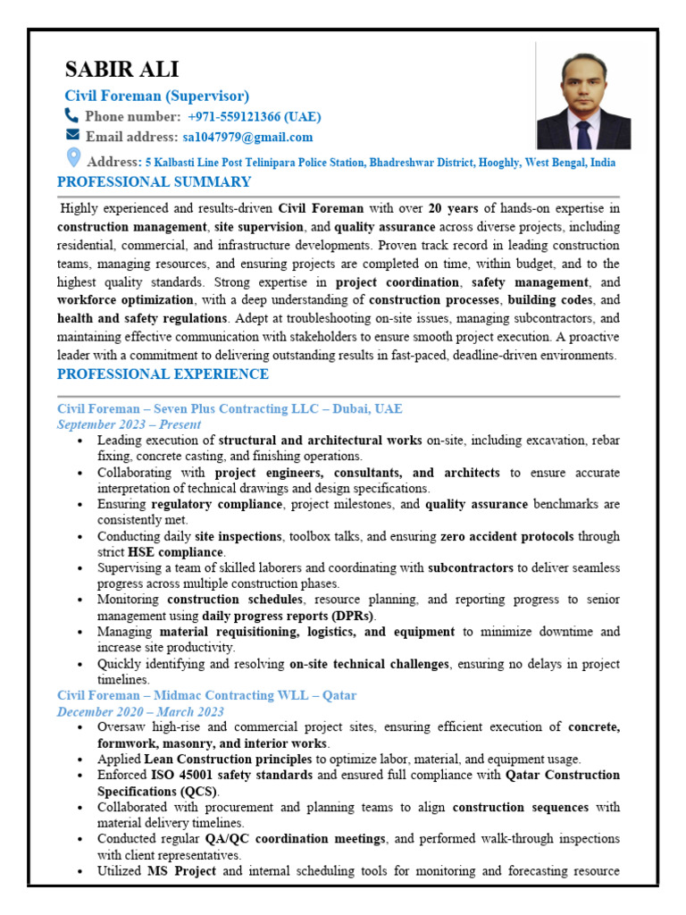 Civil Supervisor Resume - Sabir Ali | PDF | Construction Management ...