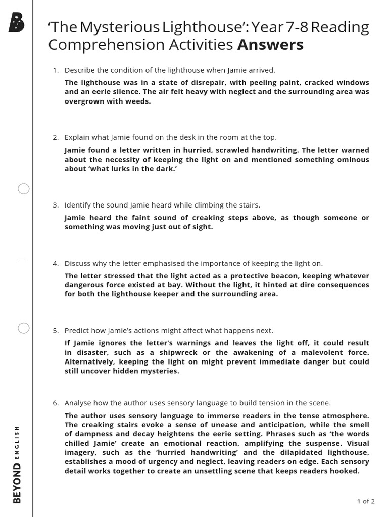 Mysterious Lighthouse Comprehension Answers | PDF