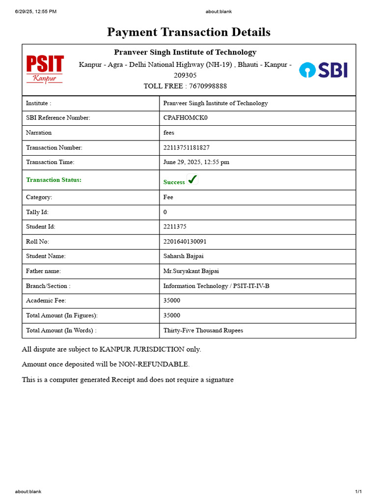 Payment Transaction Details: Pranveer Singh Institute of Technology | PDF