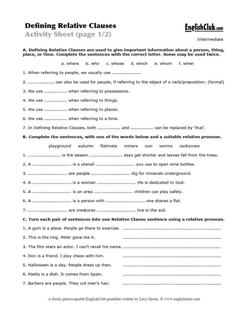 Defining Relative Clauses Activity | PDF | Linguistic Typology | Grammar