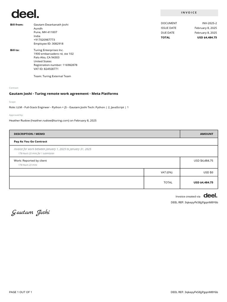 Invoice for Gautam Joshi - $4484.75 | PDF