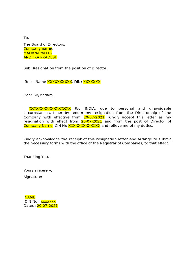 Director Resignation Letter Draft | PDF