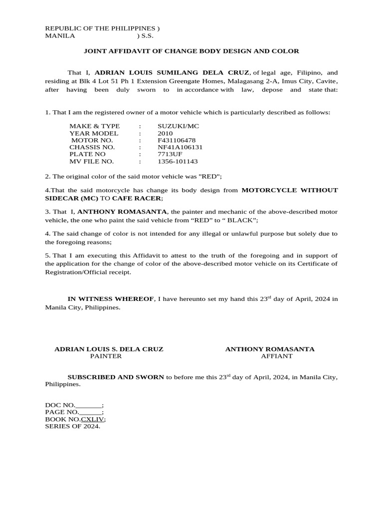 Joint Affidavit of Change Color and Body Design Dela Cruz | PDF