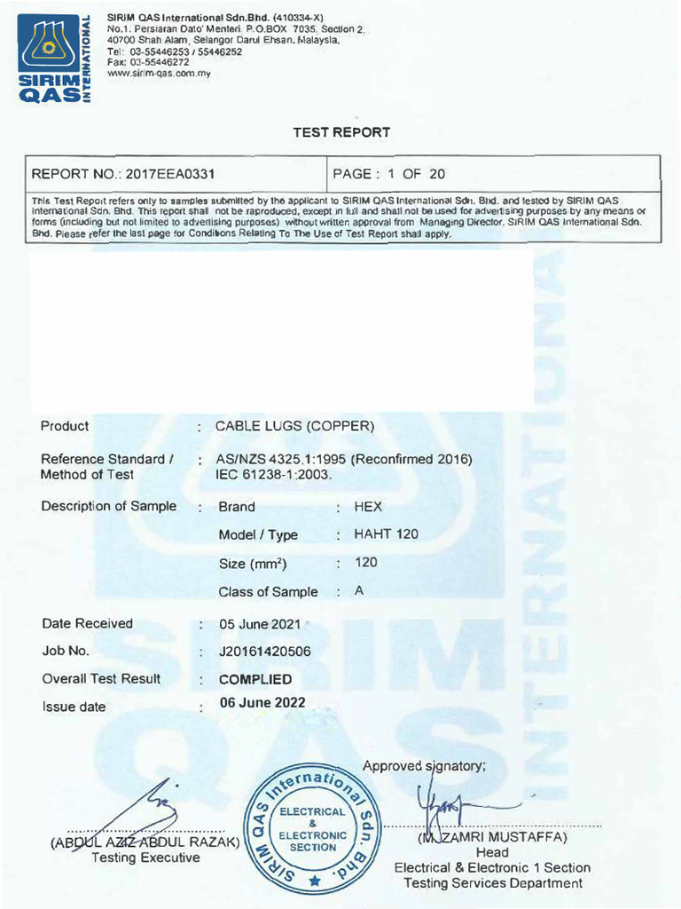 SIRIM Test Report for Copper Cable Lugs | PDF