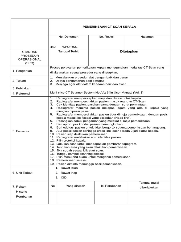 Sop Pemeriksaan Kepala CT Scan 64 Slice | PDF