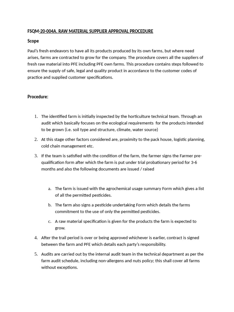 Raw Material & Packaging Supplier Approval | PDF | Specification ...