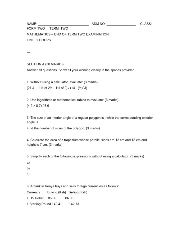 Form Two Mathematics Exam Paper | PDF