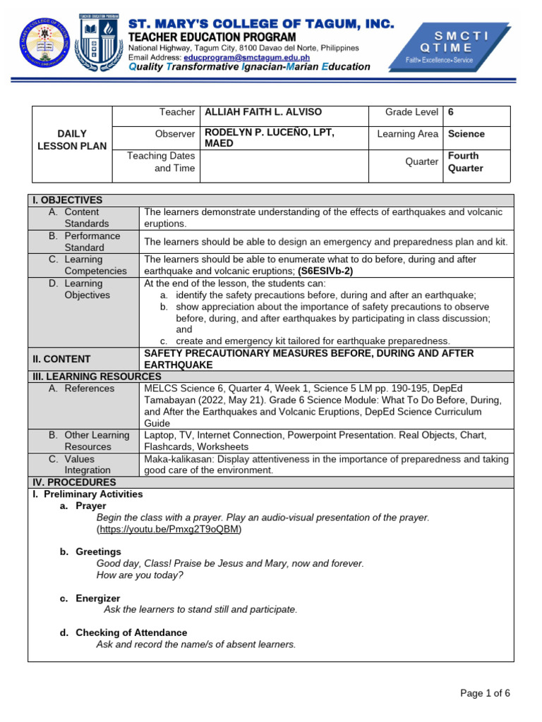 Earthquake Preparedness Lesson Plan | PDF | Earthquakes | Lesson Plan