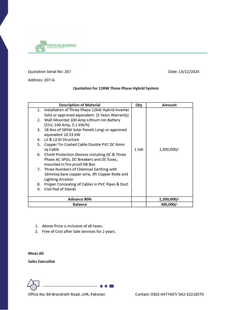 Solar Quotation - 12kW Three Phase Hybrid Inverter System | PDF