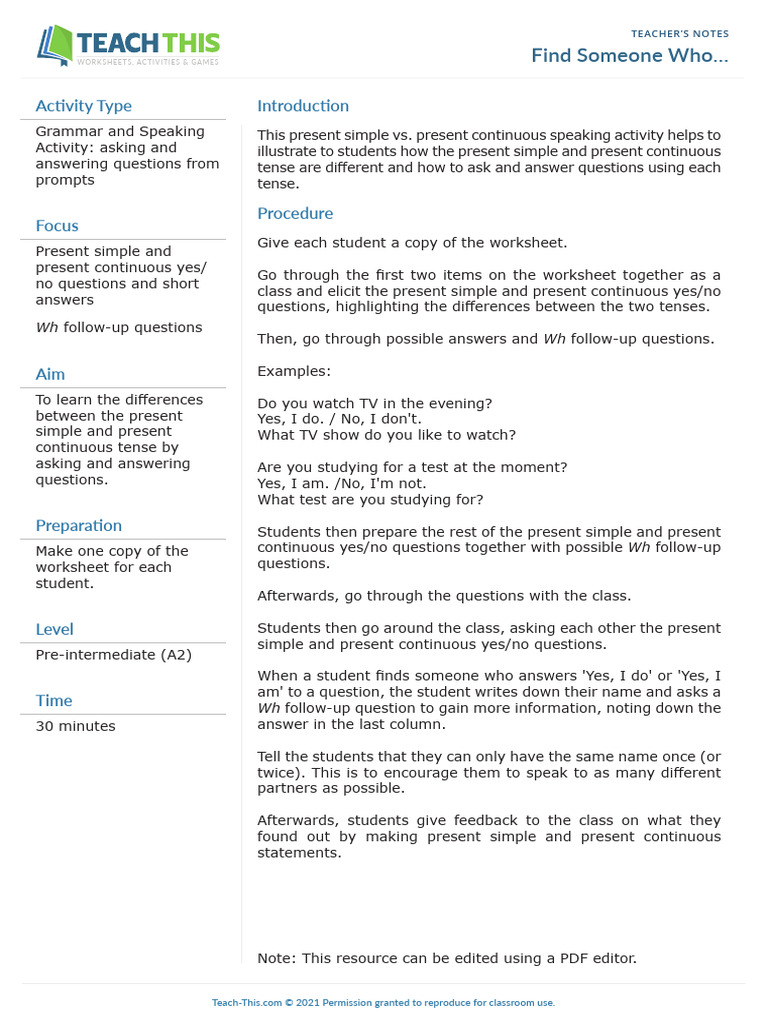 Find Someone Who Present Simple Present Continuous | PDF | Question
