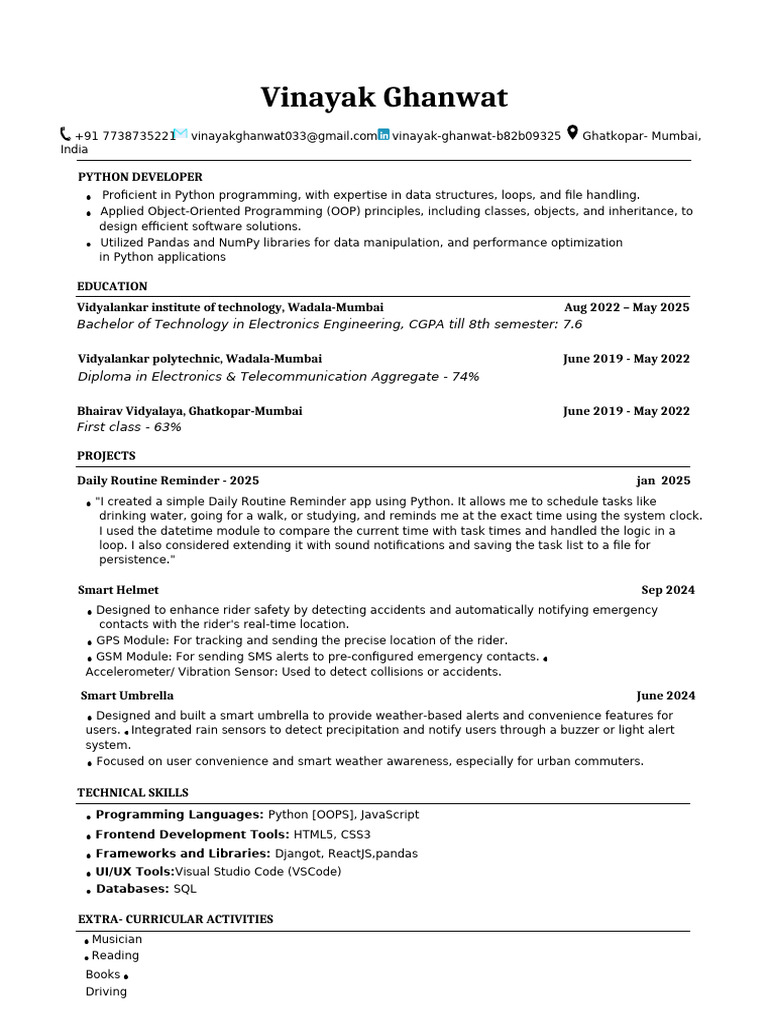 Vinayak Ghanwat - Resume 12-07-2025 | PDF | Object Oriented Programming | Python (Programming ...