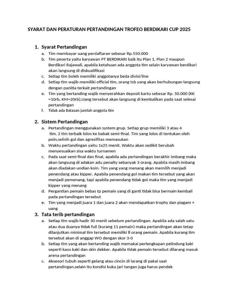 Syarat Dan Peraturan Pertandingan Trofeo Berdikari Cup 2025 | PDF