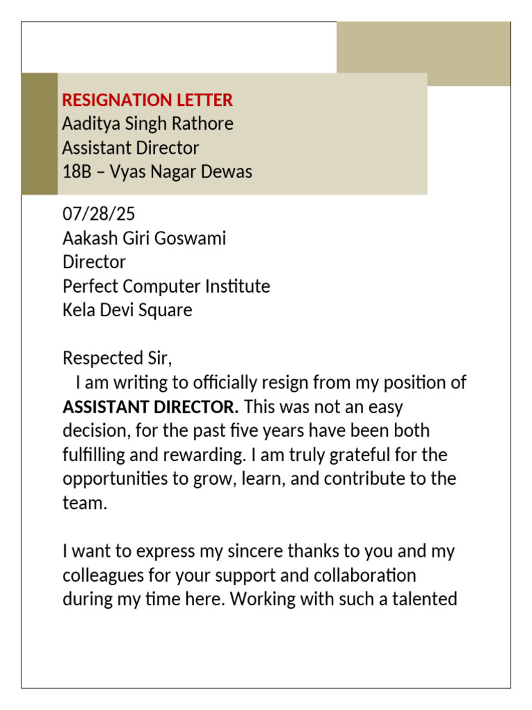 Resignation Letter from Assistant Director | PDF