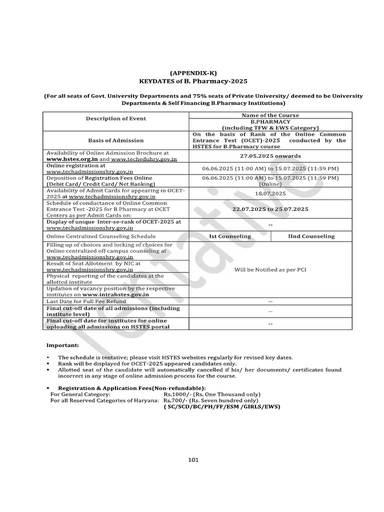 B.pharmacy Key Dates 23.06.2025 | PDF