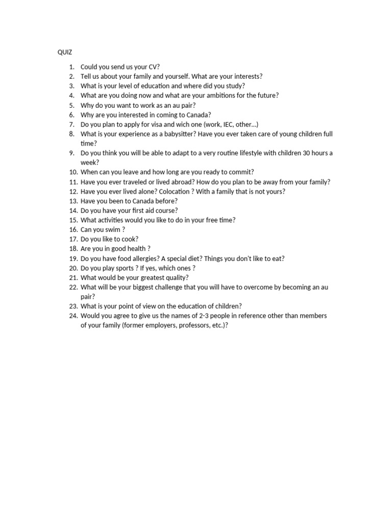 Au Pair Interview Questionnaire | PDF