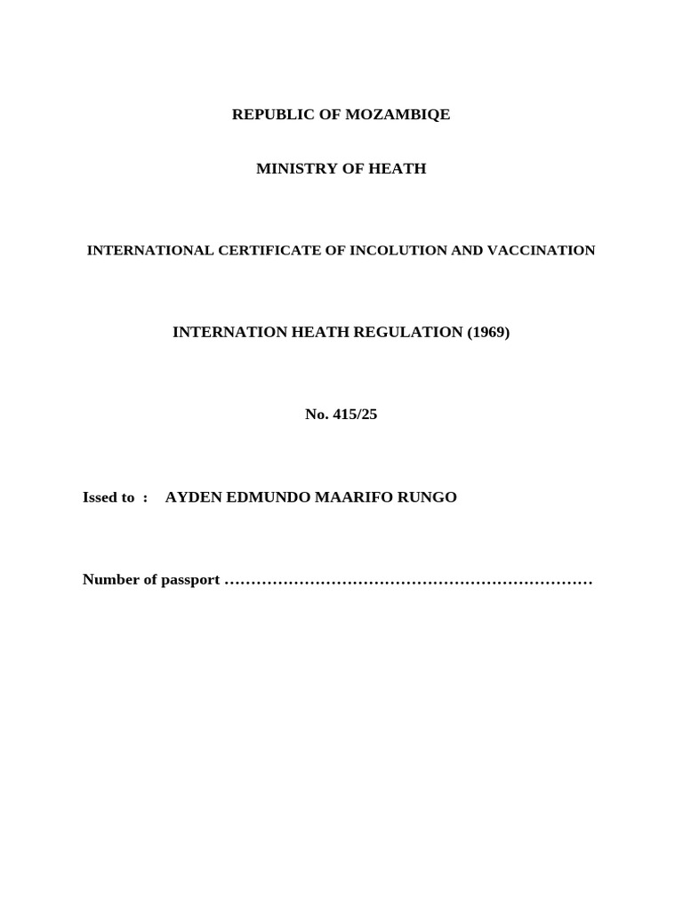 Yellow Fever Vaccination Certificate | PDF | Public Health | Global Health