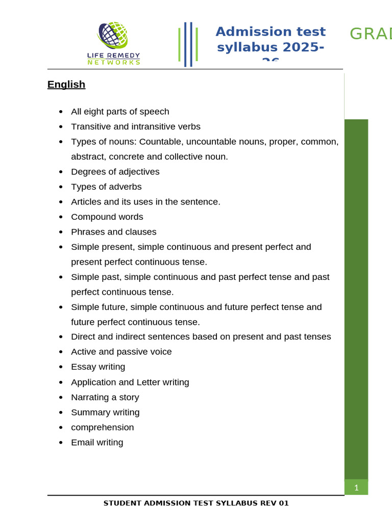 Admission Test Syllabus 2025-26 | PDF | Grammatical Tense | Noun