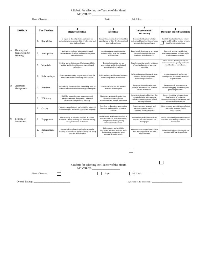 Teacher of the Month Selection Rubric | PDF | Differentiated ...