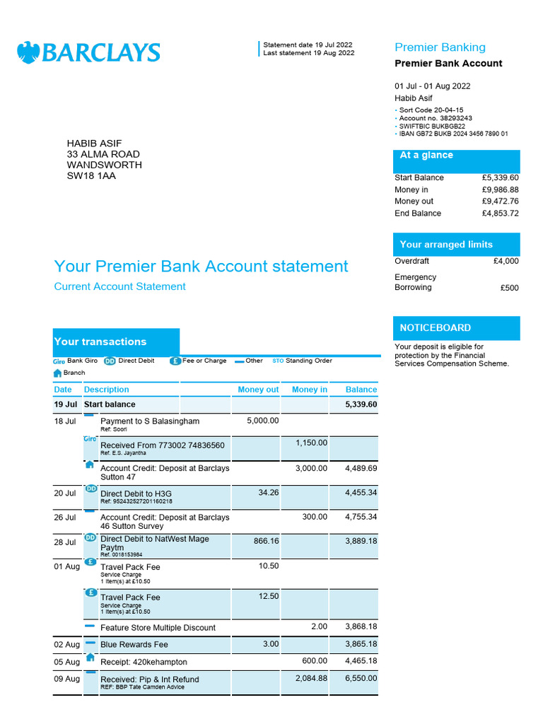 Premier Bank Account Statement Summary | PDF | Overdraft | Debit Card
