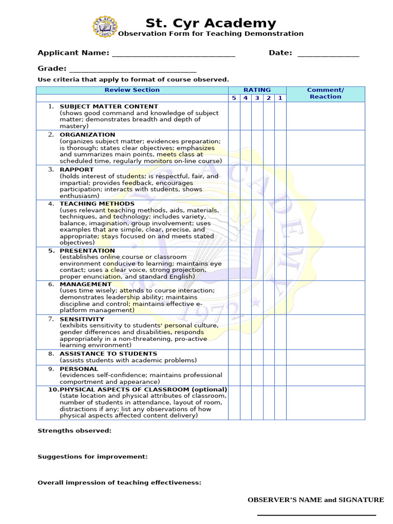 Classroom Observation Form | PDF | Teaching Method | Classroom