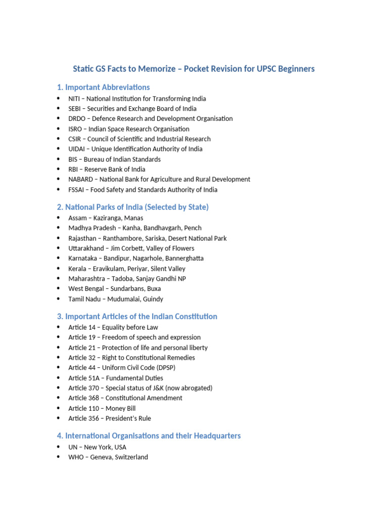 UPSC Static GS Facts Pocket Revision | PDF | Government | Government Of ...