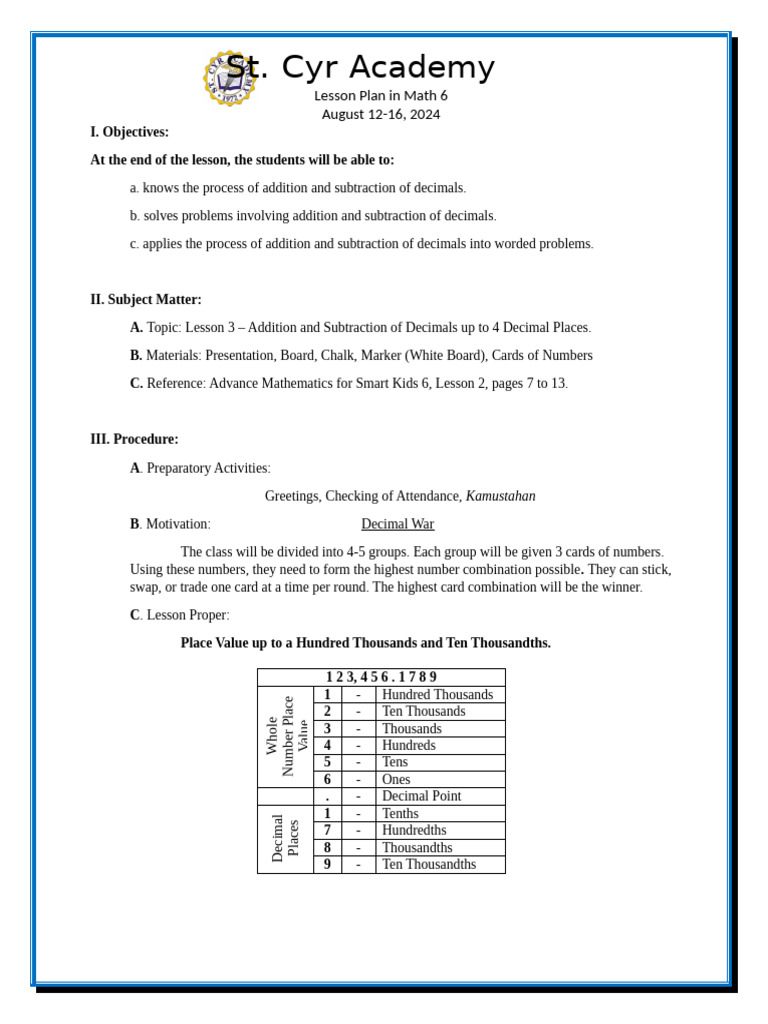 Math 6 Lesson Plan: Decimals Addition/Subtraction | PDF | Mathematics ...
