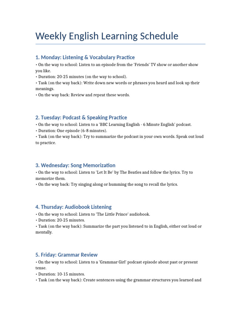 English Weekly Schedule | PDF
