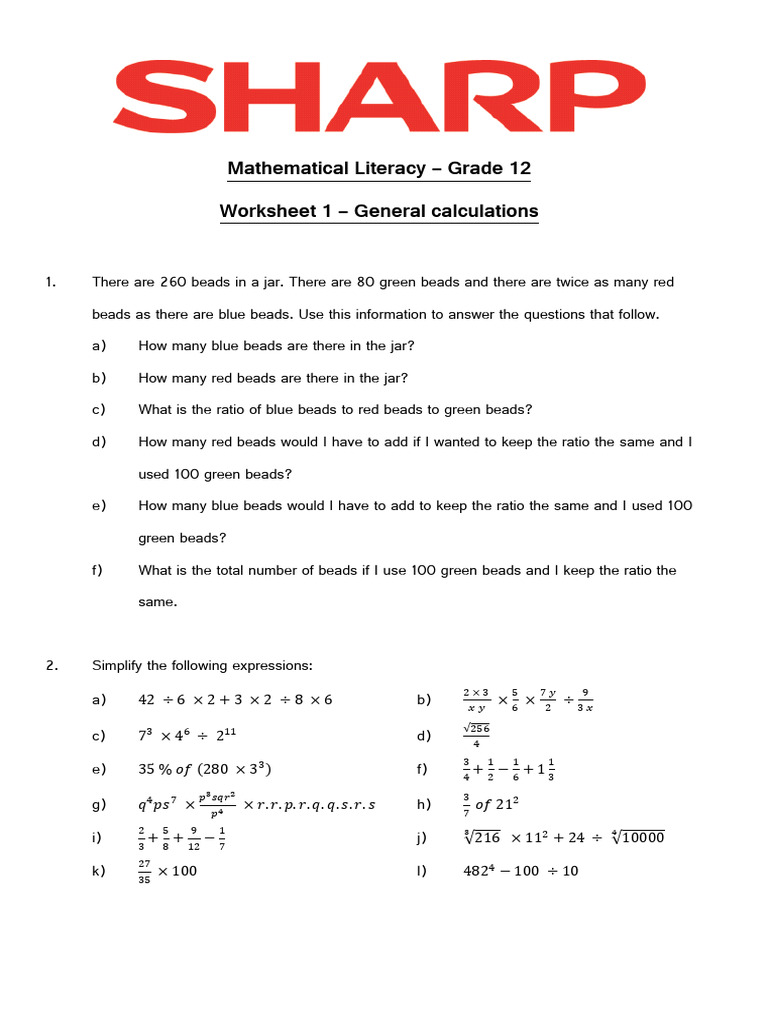 Grade 12 WORKSHEET 1 General Calculations | PDF