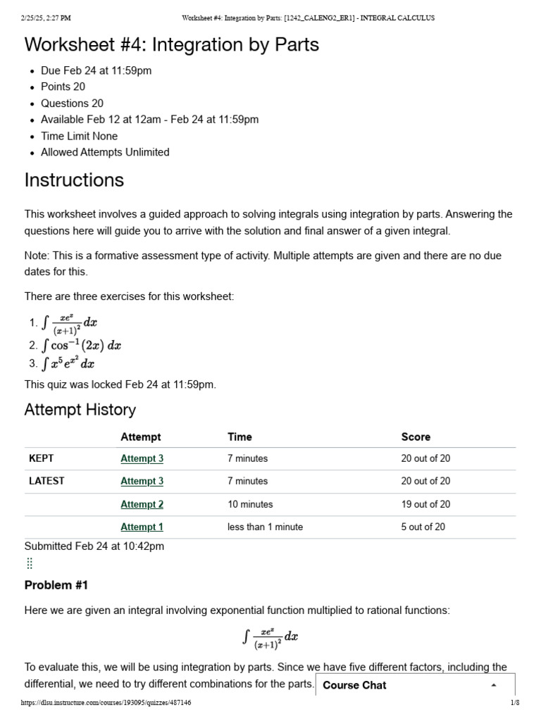 Worksheet #4 - Integration by Parts - (1242 - Caleng2 - Er1) - Integral ...