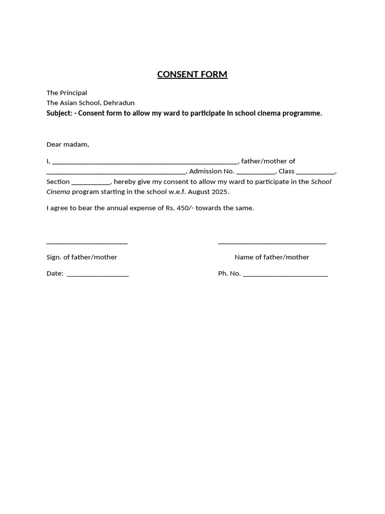 Consent Form For School Cinema | PDF