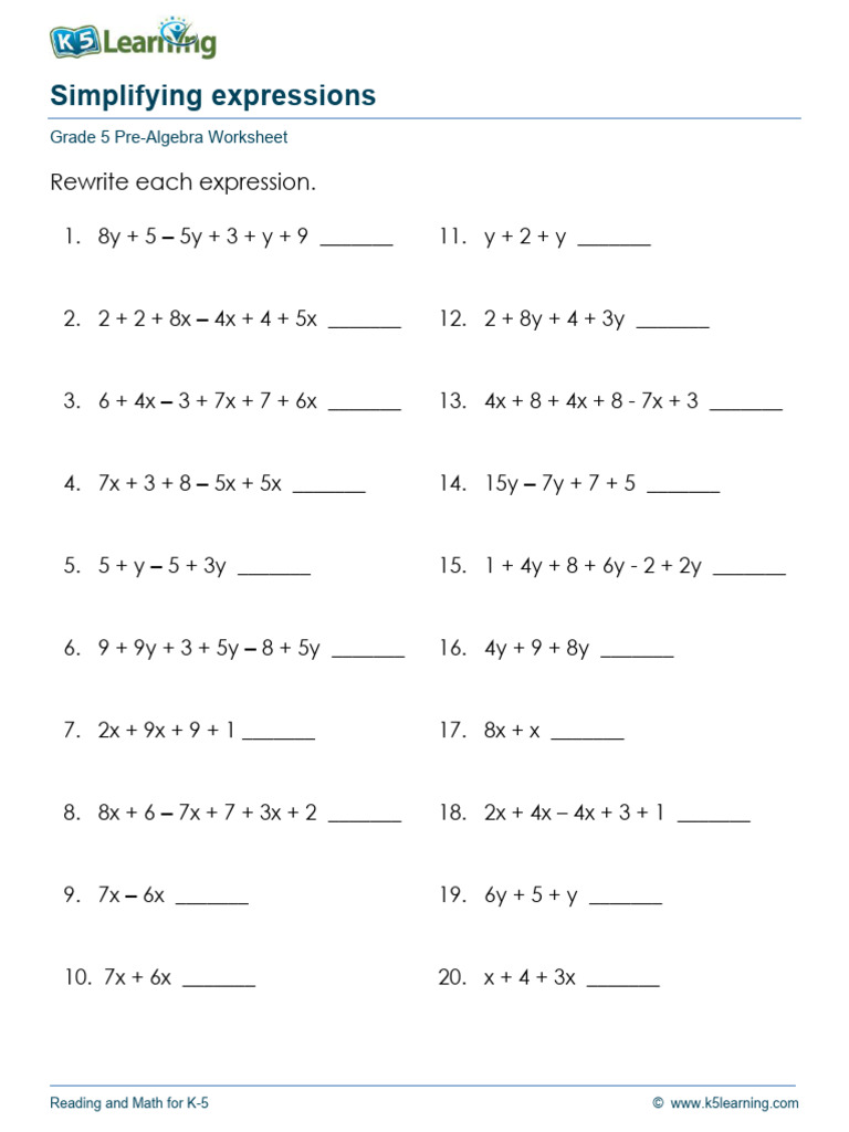Grade 5 Simplifying Expressions Combining Like Terms B | PDF