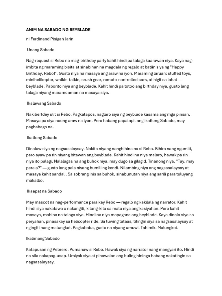 Anim Na Sabado NG Beybladeni Ferdinand Pisigan Jarin | PDF