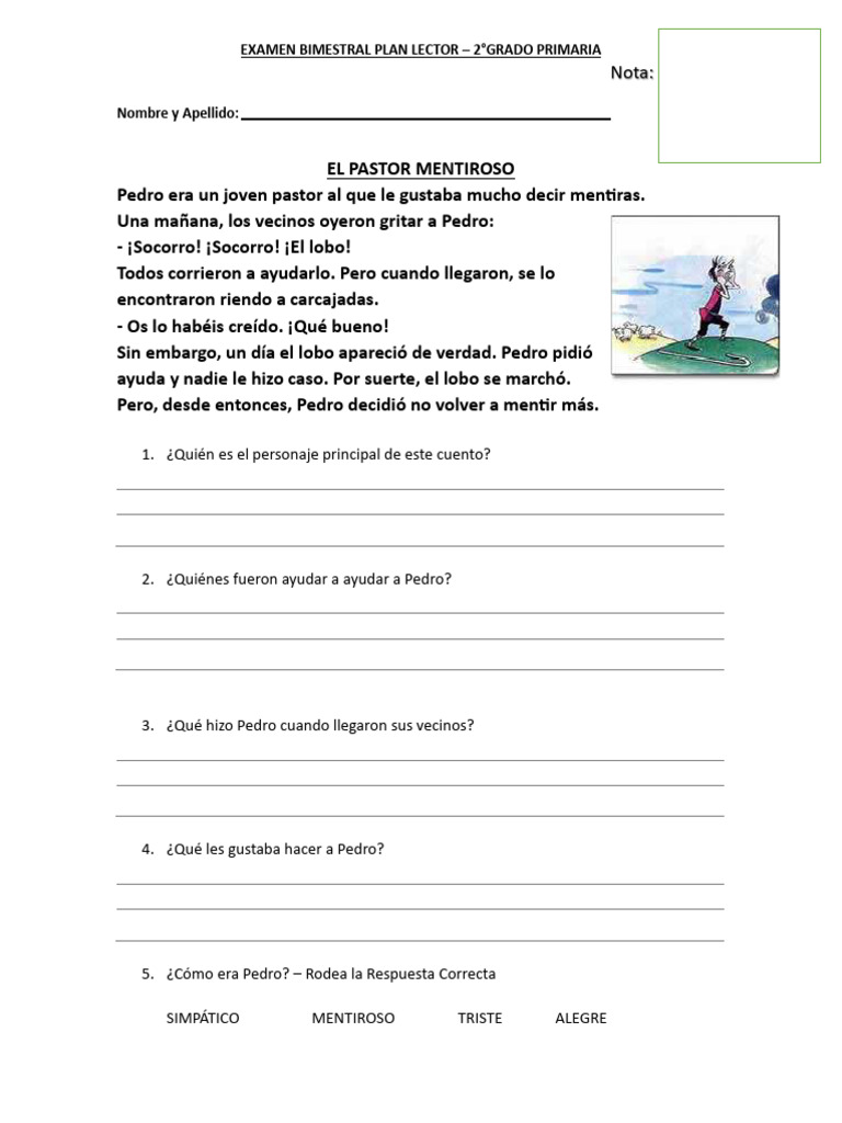 Examen Bimestral Plan Lector 2° Grado | PDF