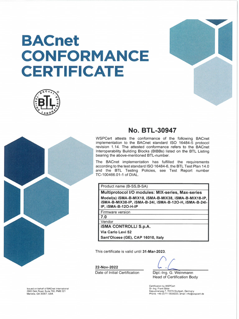 BTL Cert 30947 ISMACONTROLLI Mulitprotocol-IO-modules | PDF