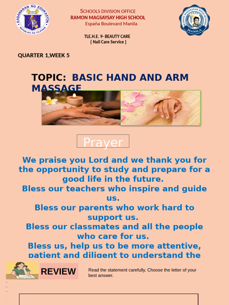 QUARTER 1 Lesson 4 Basic Hand Massage | PDF | Hand | Massage
