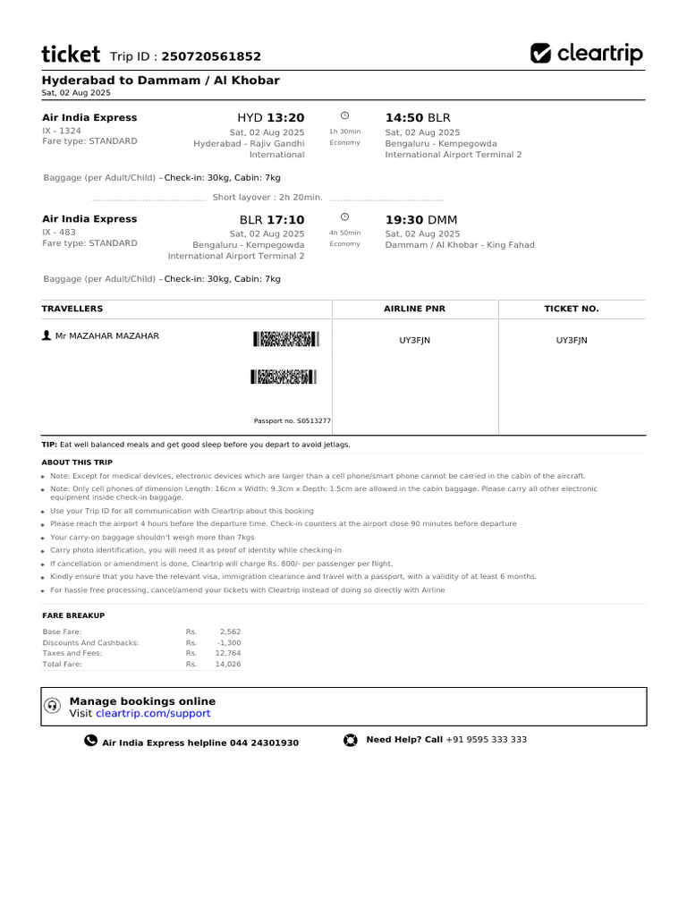 Cleartrip Flight E-Ticket | PDF | Transport | Aviation