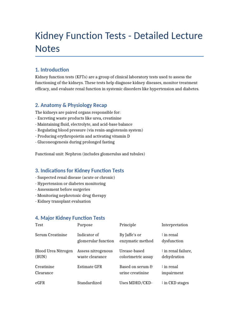 Kidney Function Tests Lecture Notes | PDF | Kidney | Creatinine