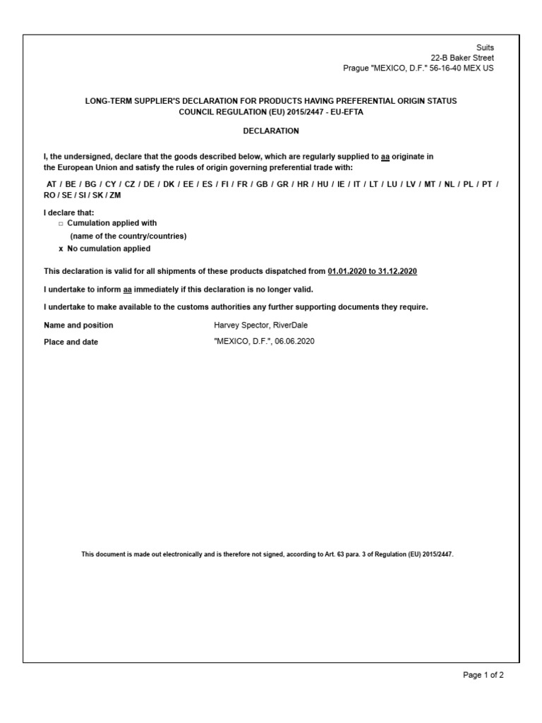 Long-Term Supplier Declaration 2020 | PDF