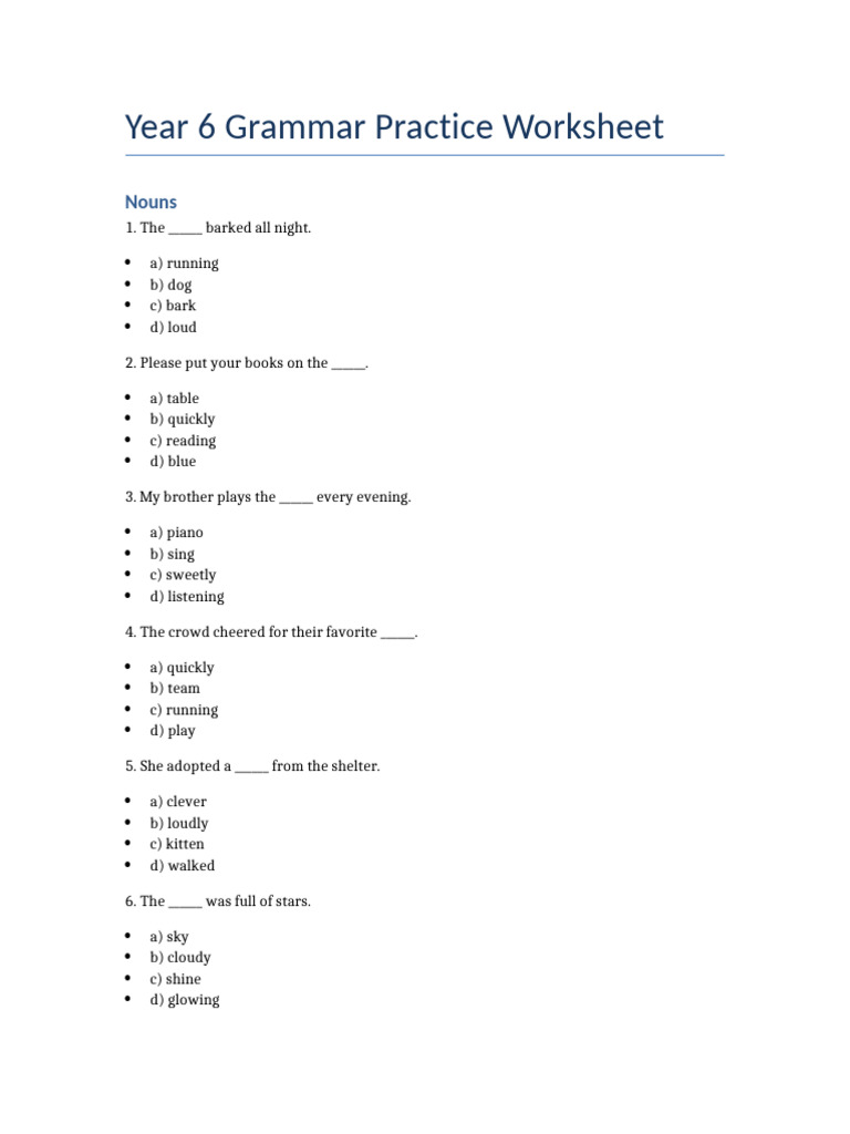 Year 6 Grammar Worksheet Nouns | PDF