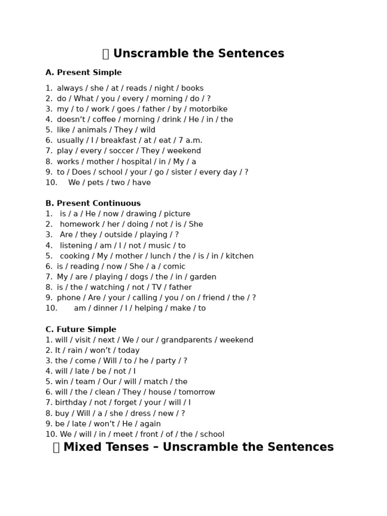 Unscramble Sentences by Tense | PDF