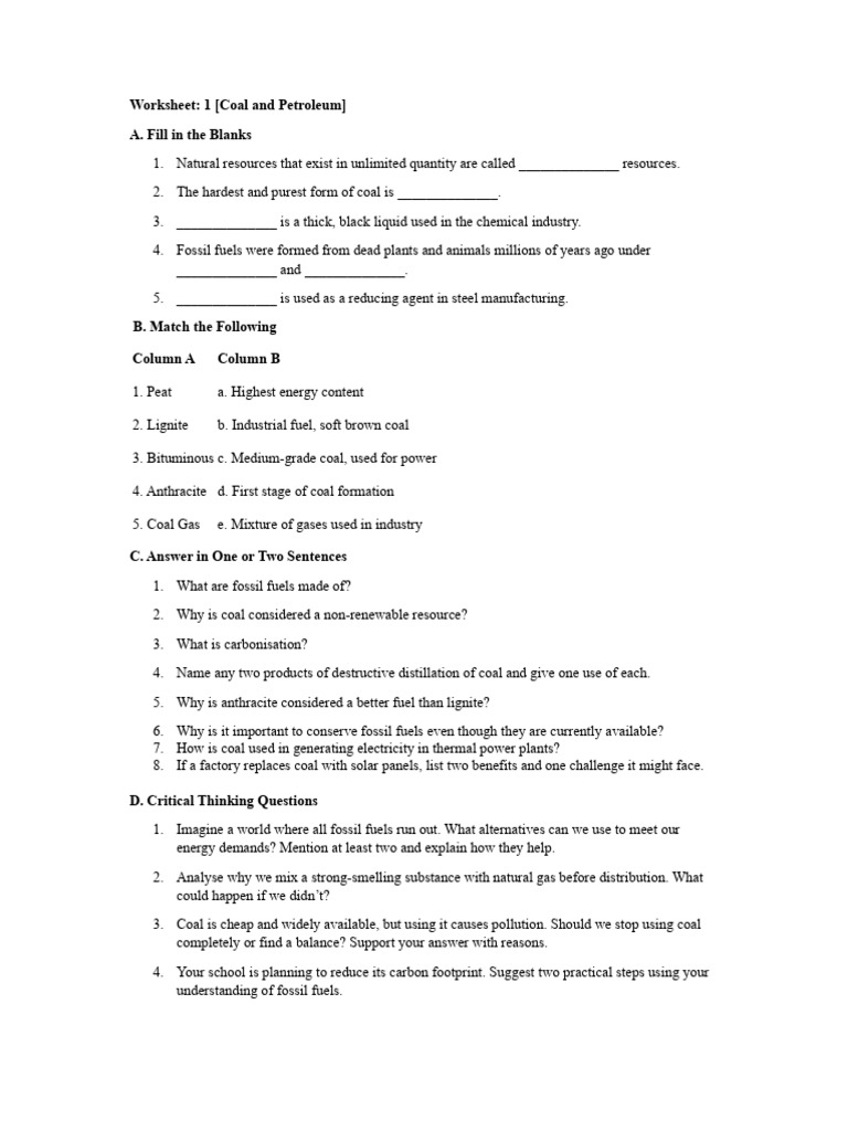 Coal &petroleum Worksheet 1.d | PDF | Coal | Fuels
