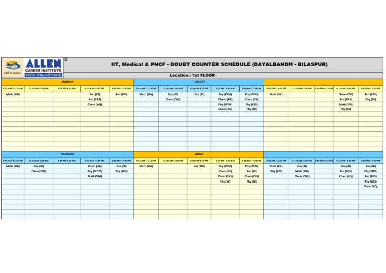IIT Medical - DOUBT COUNTER SCHEDULE - DAYALBANDH - BILASPUR 2107 2607 ...