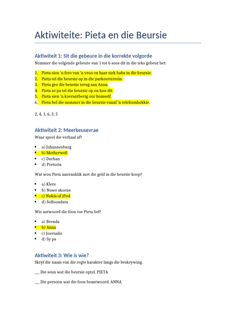 27 Julie Pieta en Die Beursie Aktiwiteite Graad8 | PDF