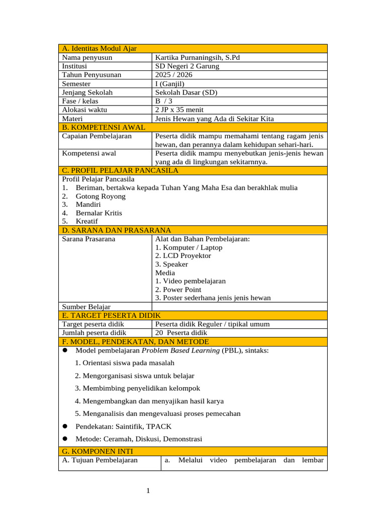 Modul Pembelajaran Jenis Hewan SD | PDF