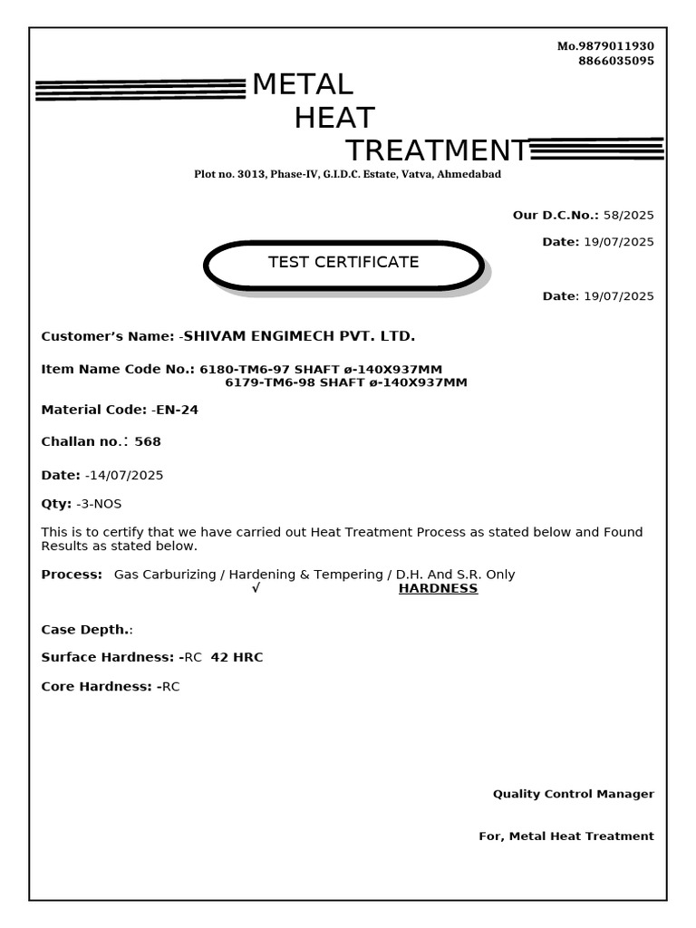 Heat Treatment Certificate for Shafts | PDF